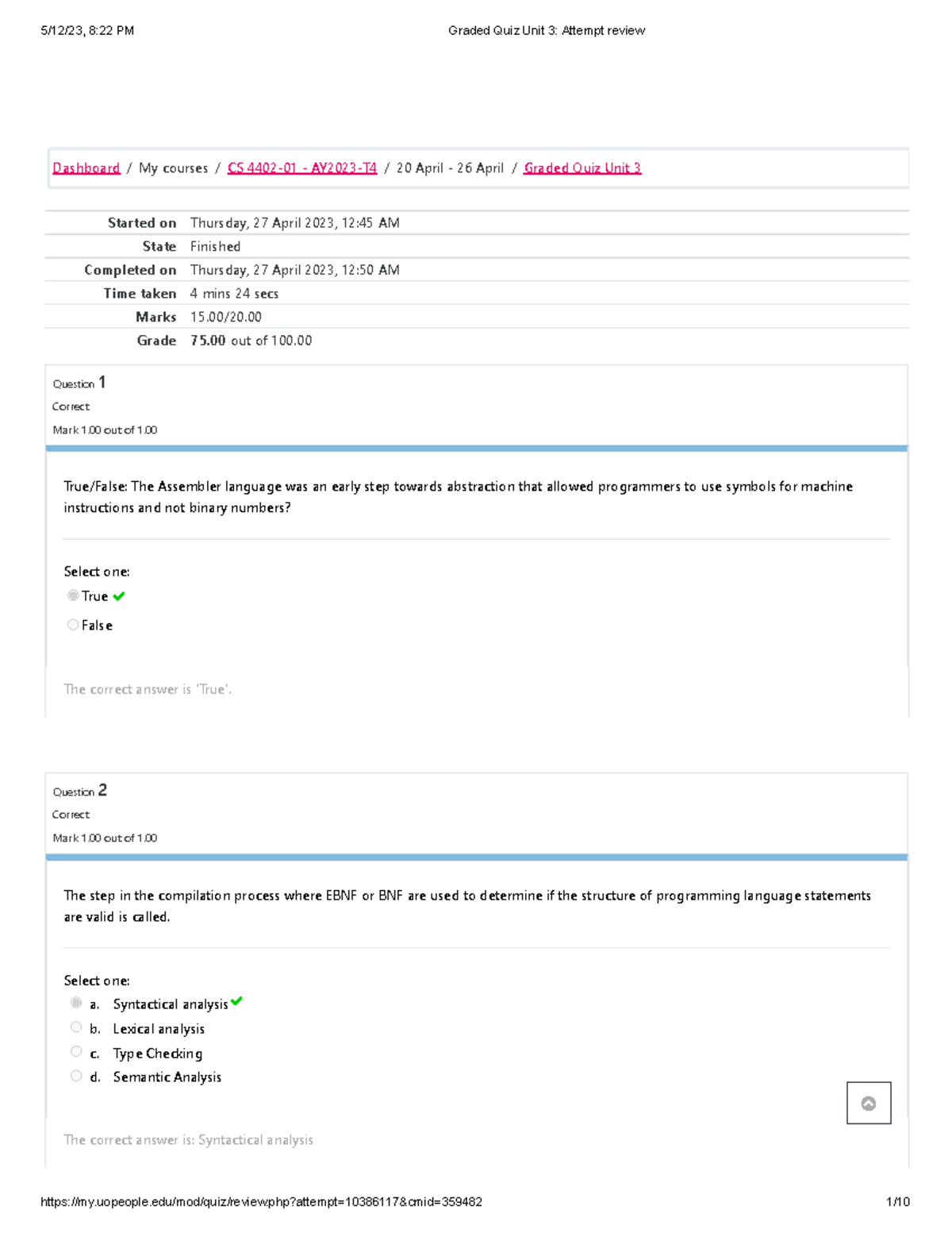Graded Quiz Unit 3 Attempt review - Started on Thursday, 27 April 2023 ...