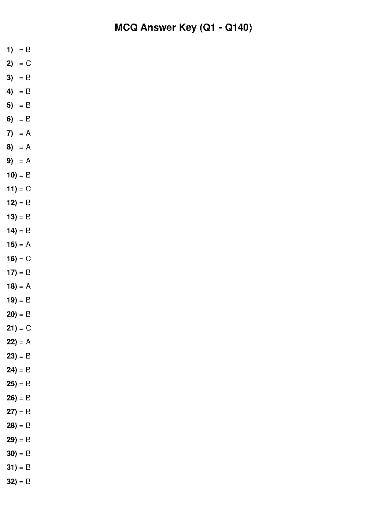 MCBN 121 Class Test SU10 & 9 MCQ Answer Key (Q1-Q140) - Studocu