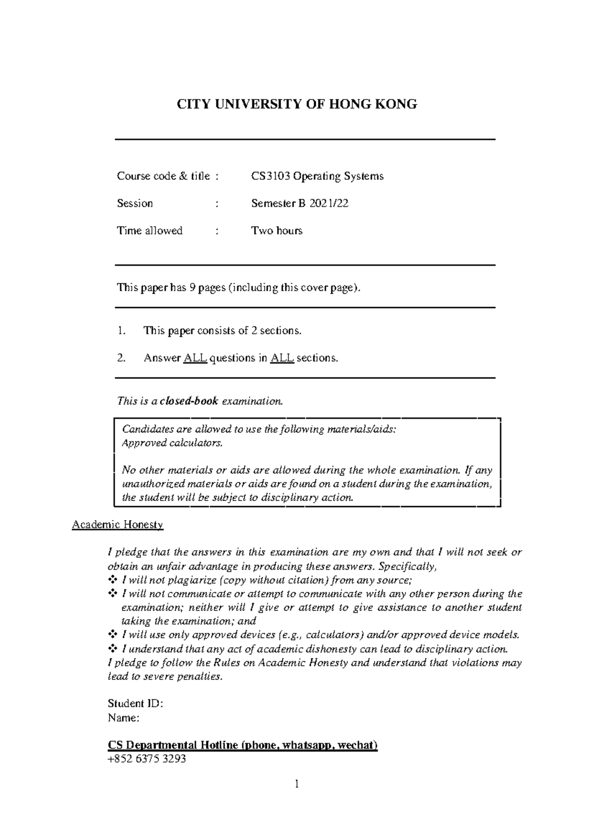 Final Exam Question Paper CS3103: Operating Systems Overview - Studocu