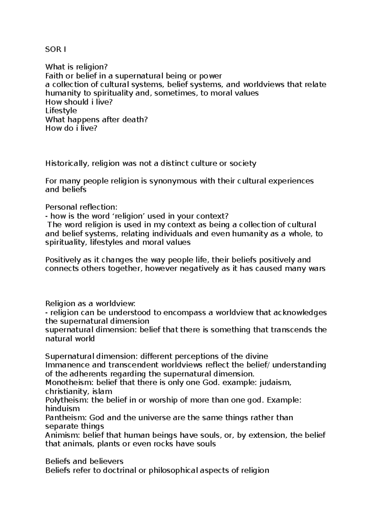 SOR I: Understanding Religion - Beliefs, Worldviews, and Cultural ...