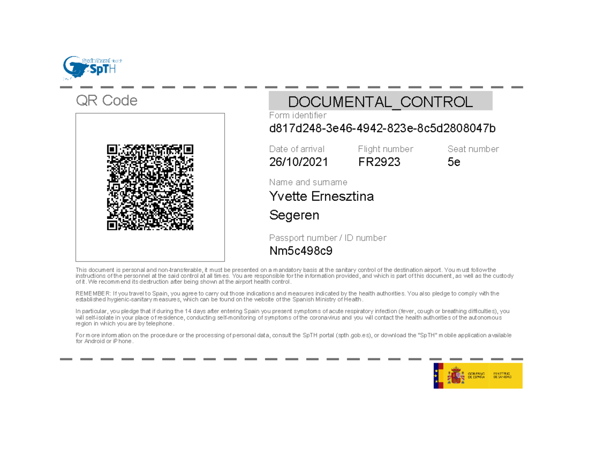 QR Code Travel Document - SpTH Flight Health Control Instructions ...
