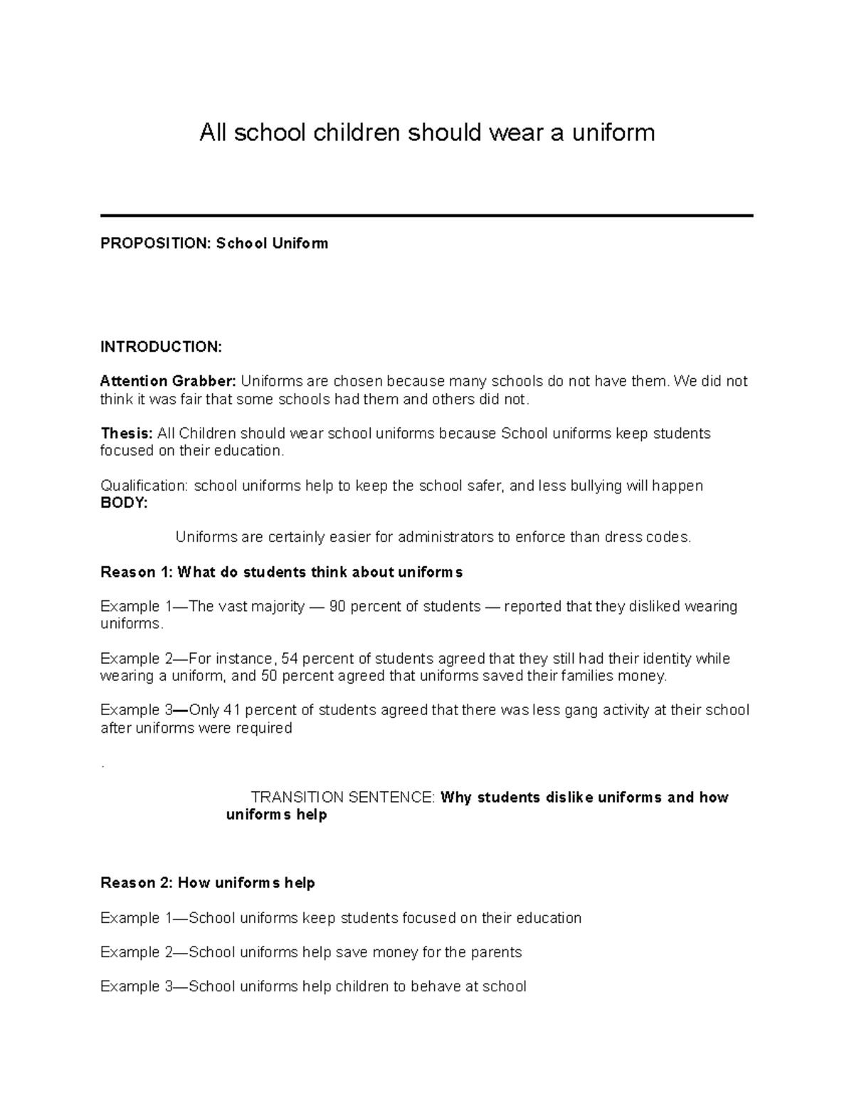 COMP 101: Persuasive Speech Outline on School Uniform Policy - Studocu