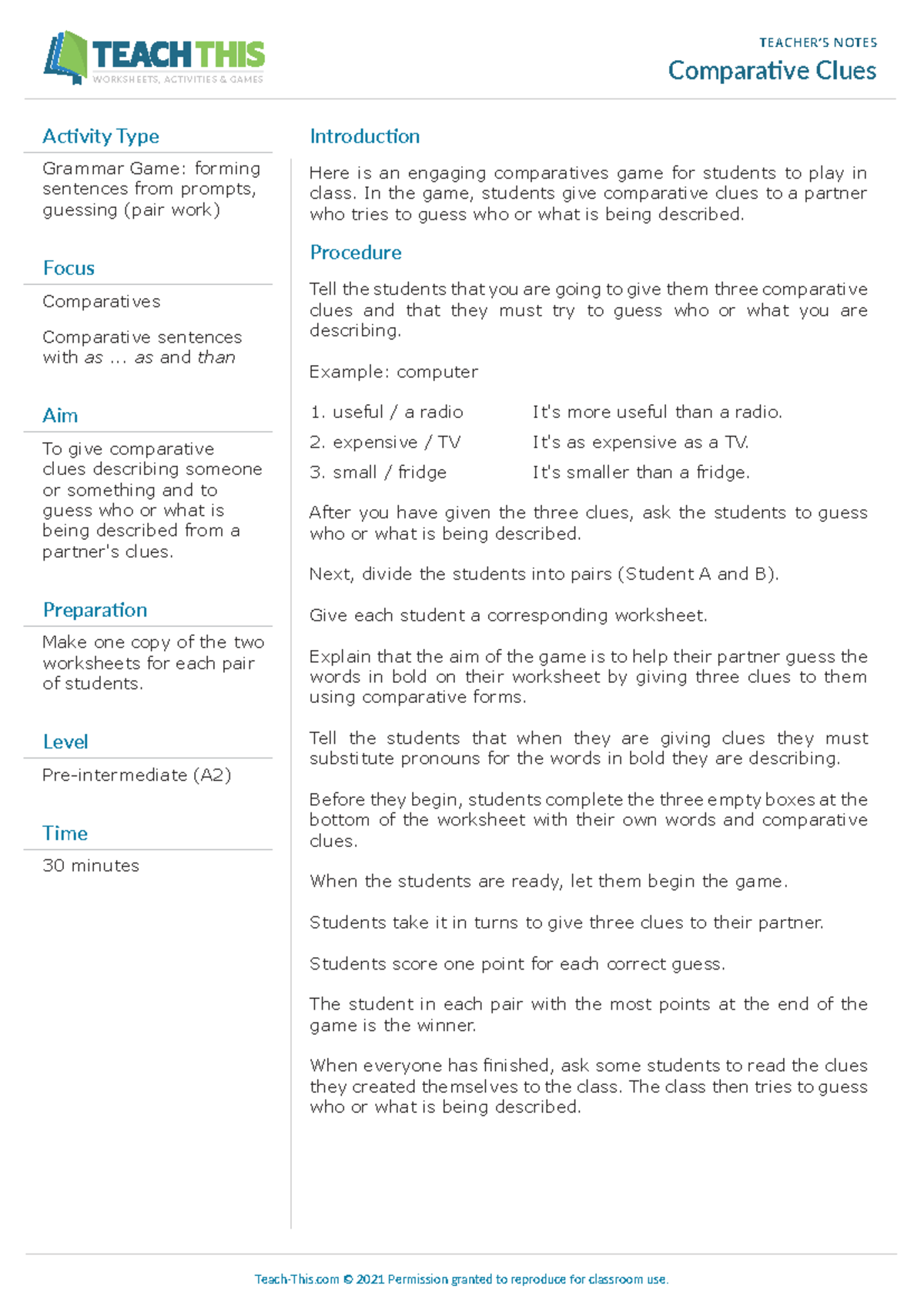 Comparative Clues Activities (A2 Level) - Engaging Grammar Game - Studocu