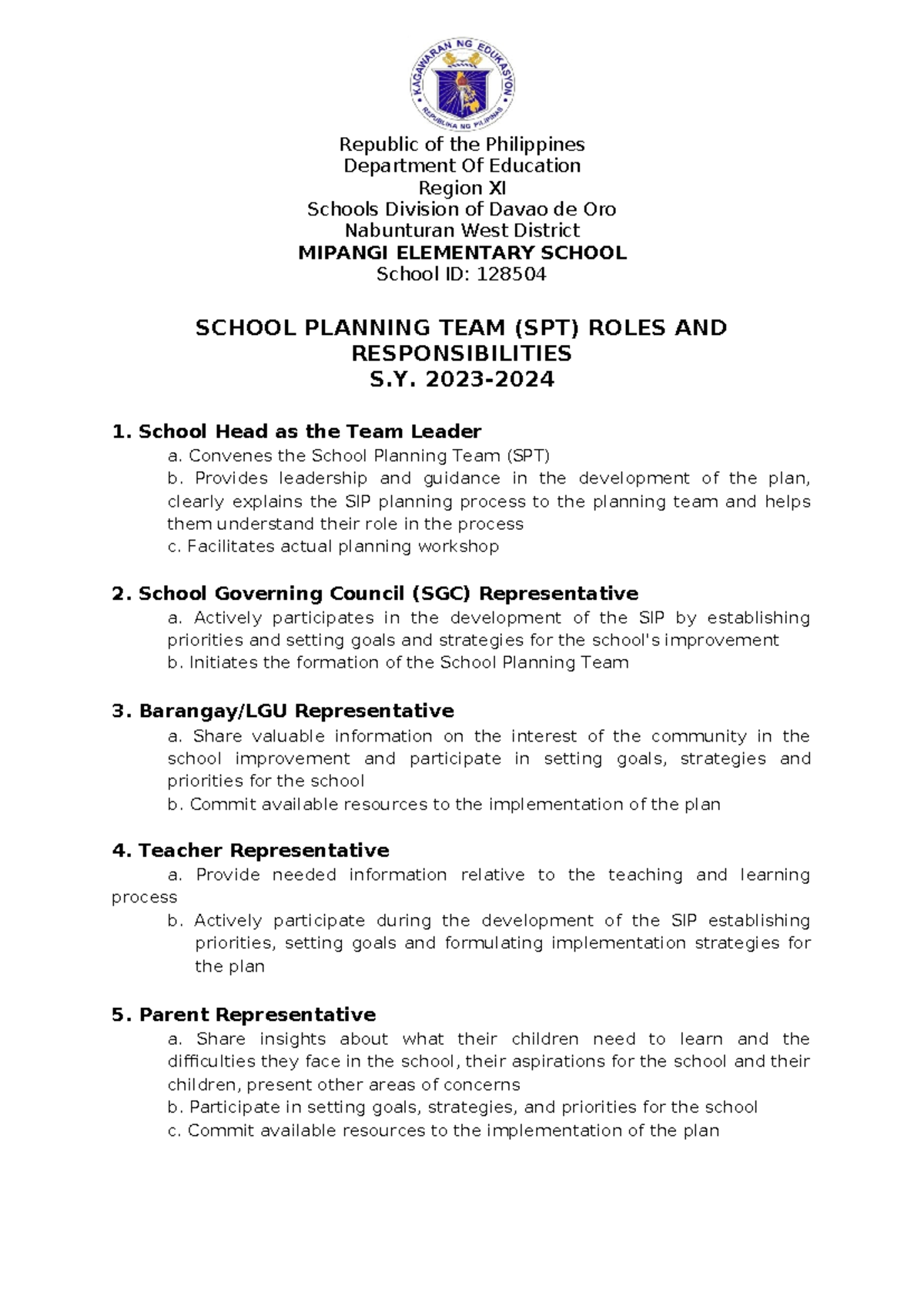 SPT Roles & Responsibilities for School Improvement Plan (S.Y. 2023 ...