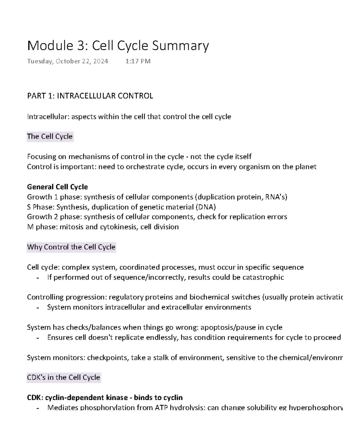 Module 3 Cell Cycle: Intracellular Control and Regulatory Mechanisms ...