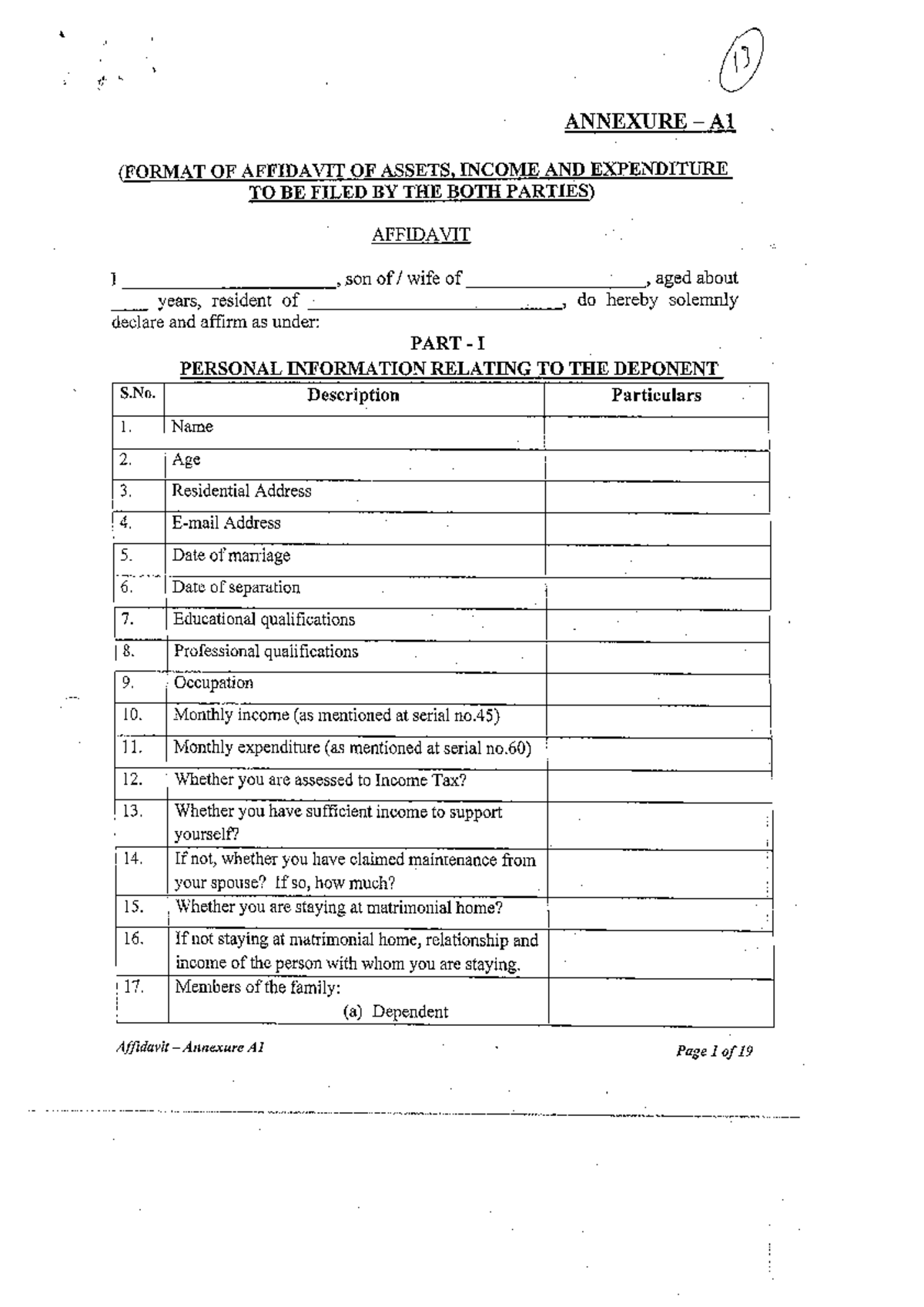 Affidavit of Assets, Income & Expenditure Format (Annexure A1) - Studocu