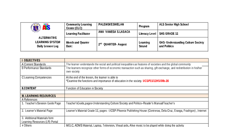 DLL UCSP G12 Q2 W2 - Lesson Plan on Education's Role in Society - Studocu