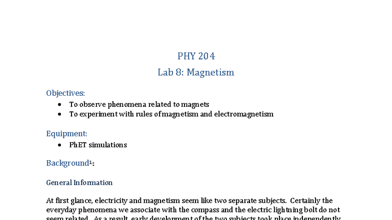 PHY 204 Lab 8: Exploring Magnetism and Electromagnetism - Studocu