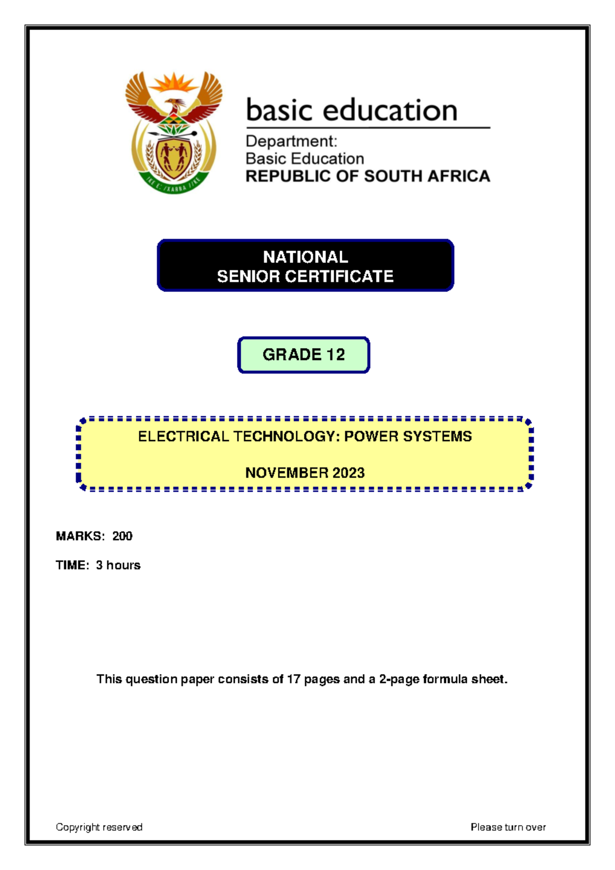 Electrical Technology NSC Grade 12: Power Systems Exam Nov 2023 - Studocu
