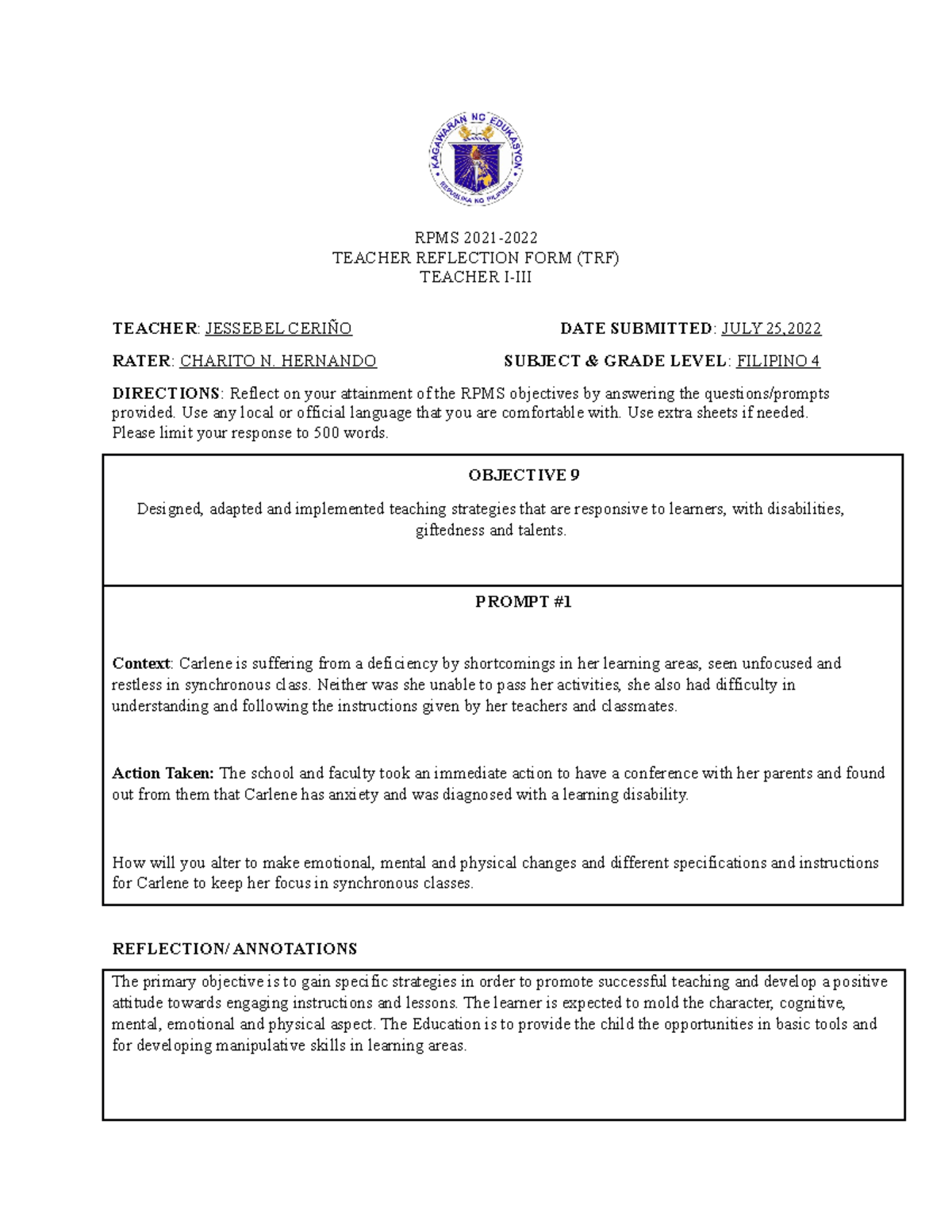 TRF Teacher Reflection Form: RPMS 2021 Analysis & Strategies - Studocu
