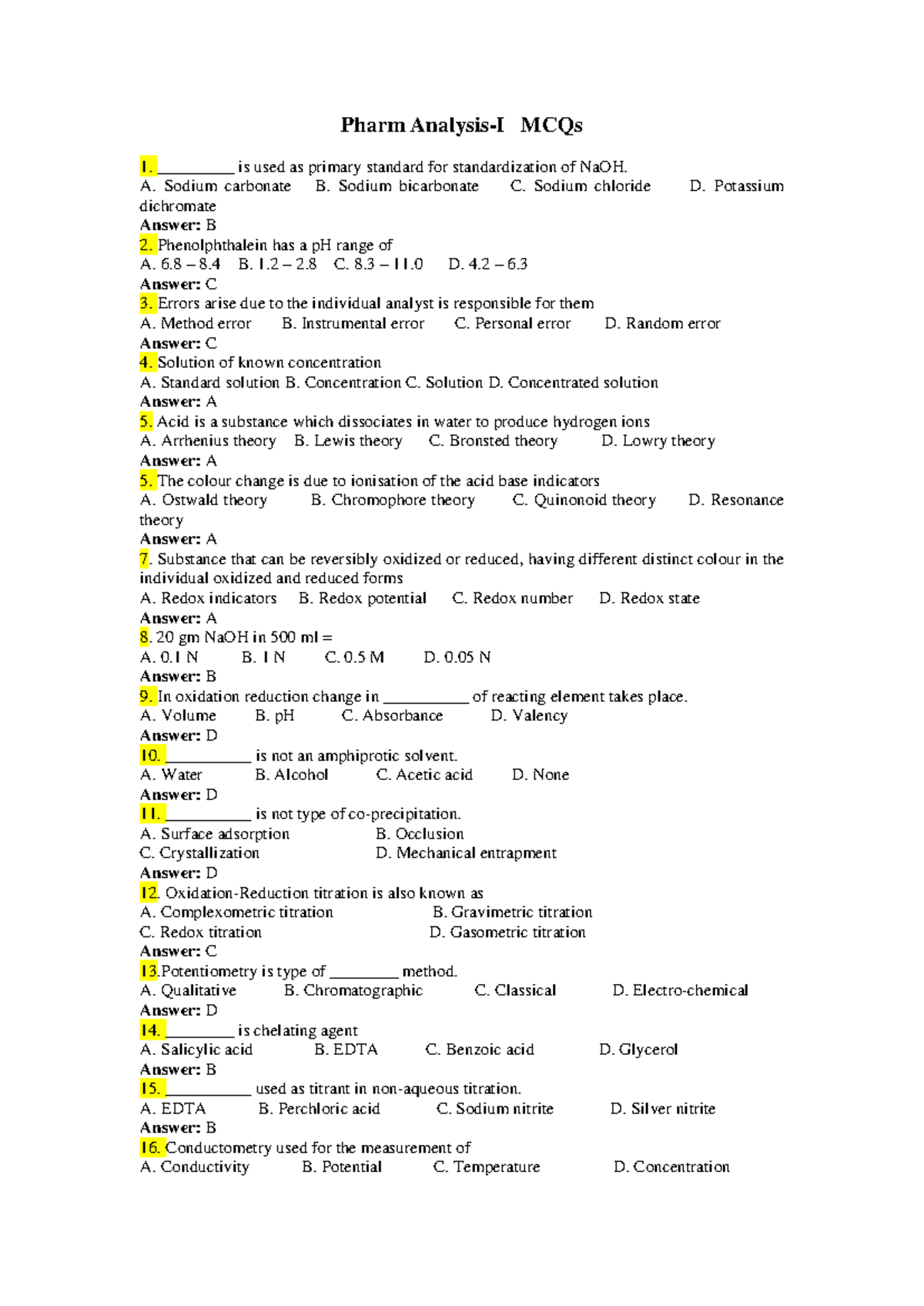 MCQ 6 - Pharmaceutical Analysis Unit 1 Study Questions - Studocu