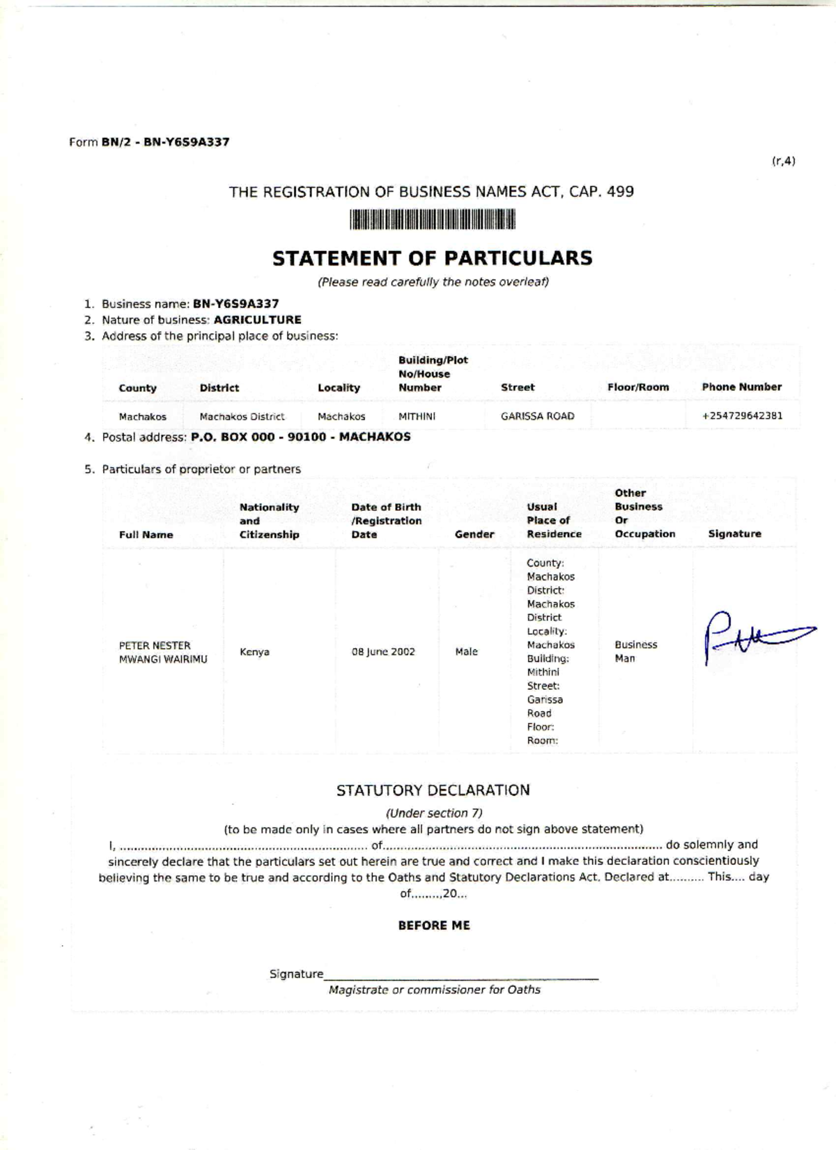 BN2 Lecture Notes: Registration of Business Names Act, CAP. 499 - Studocu
