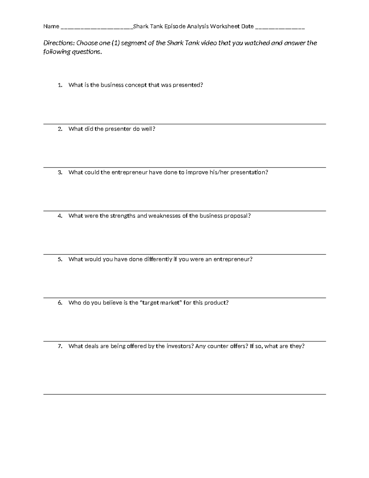 Shark Tank Episode Analysis Worksheet for Business Concepts - Studocu