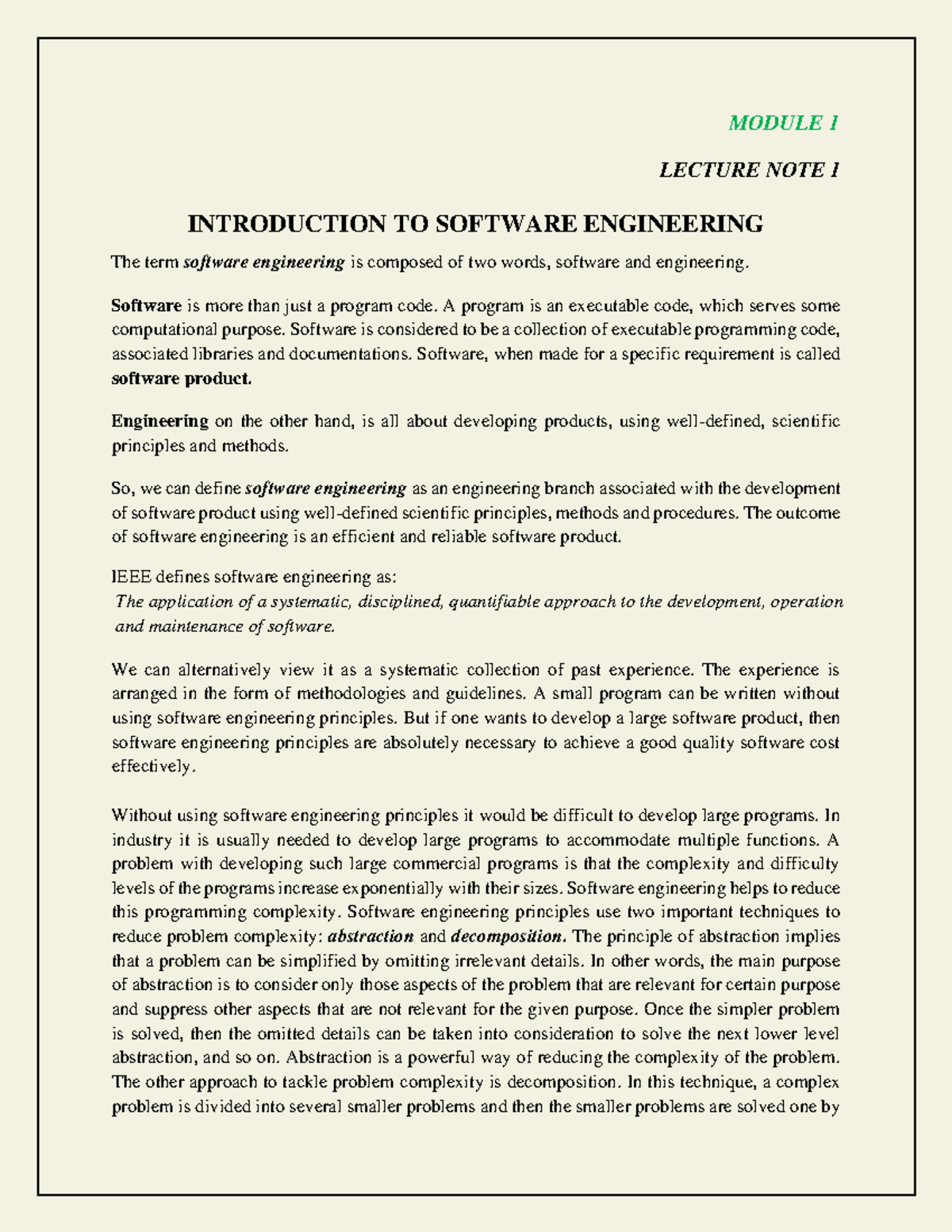 Introduction TO Software Engineering - MODULE 1 LECTURE NOTE 1 ...