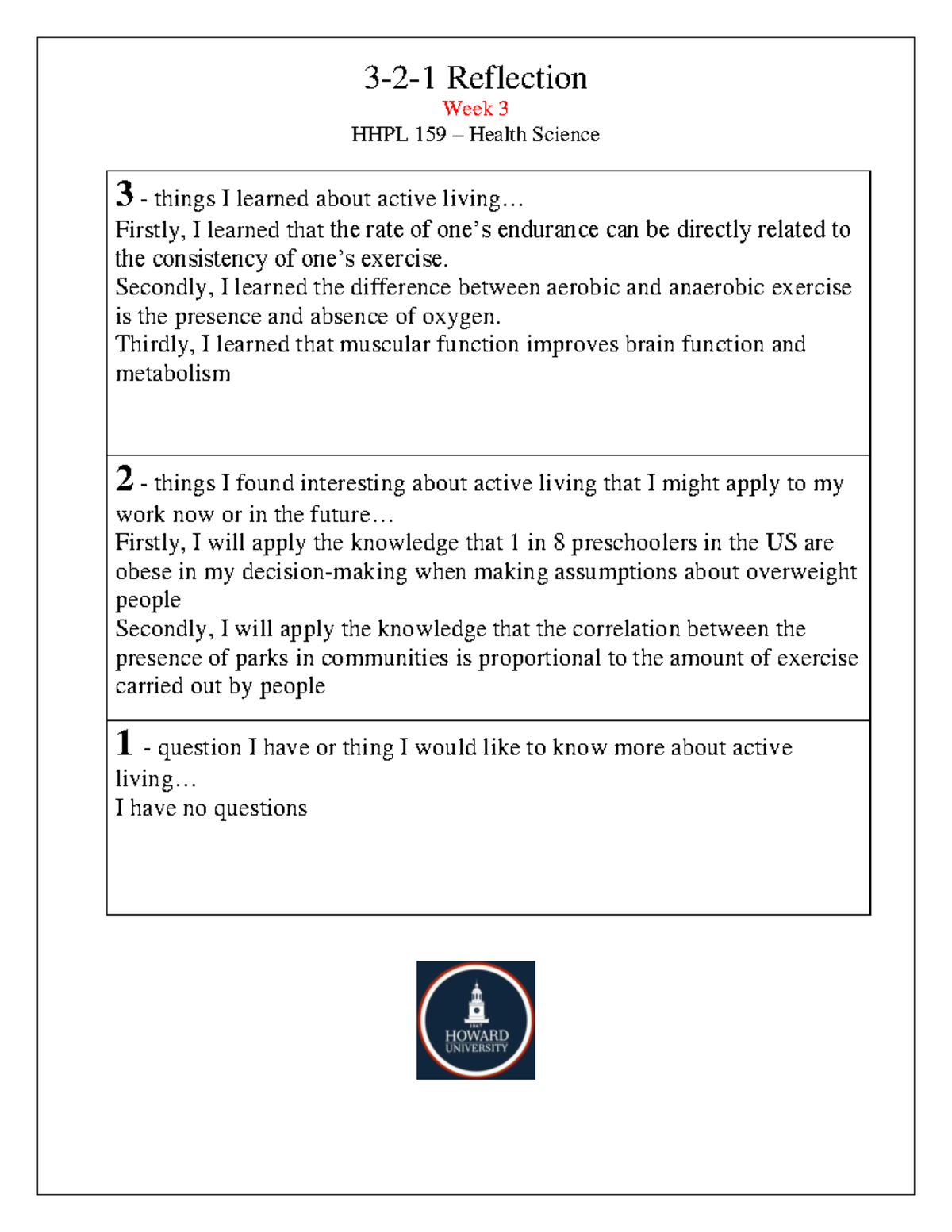 3-2-1 Reflection Week 3 - 3 - 2 - 1 Reflection Week 3 HHPL 159 – Health ...
