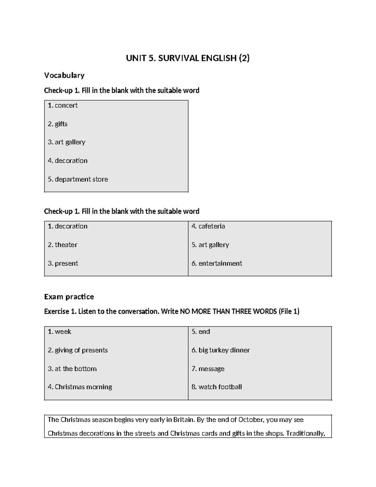 Unit 5. Survival English (2) - Vocabulary & Exam Practice Key - Studocu
