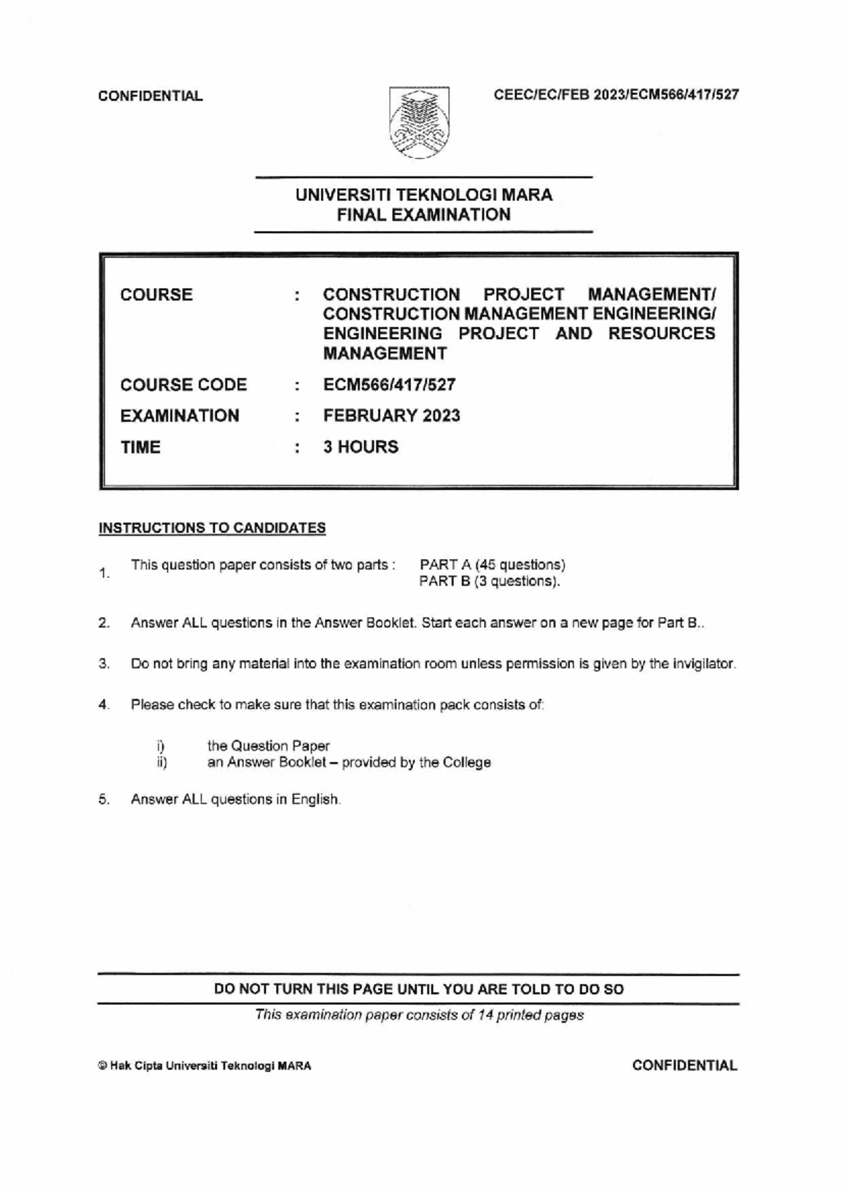 ECM566 - Final Exam Paper for Project Construction Management - Feb ...