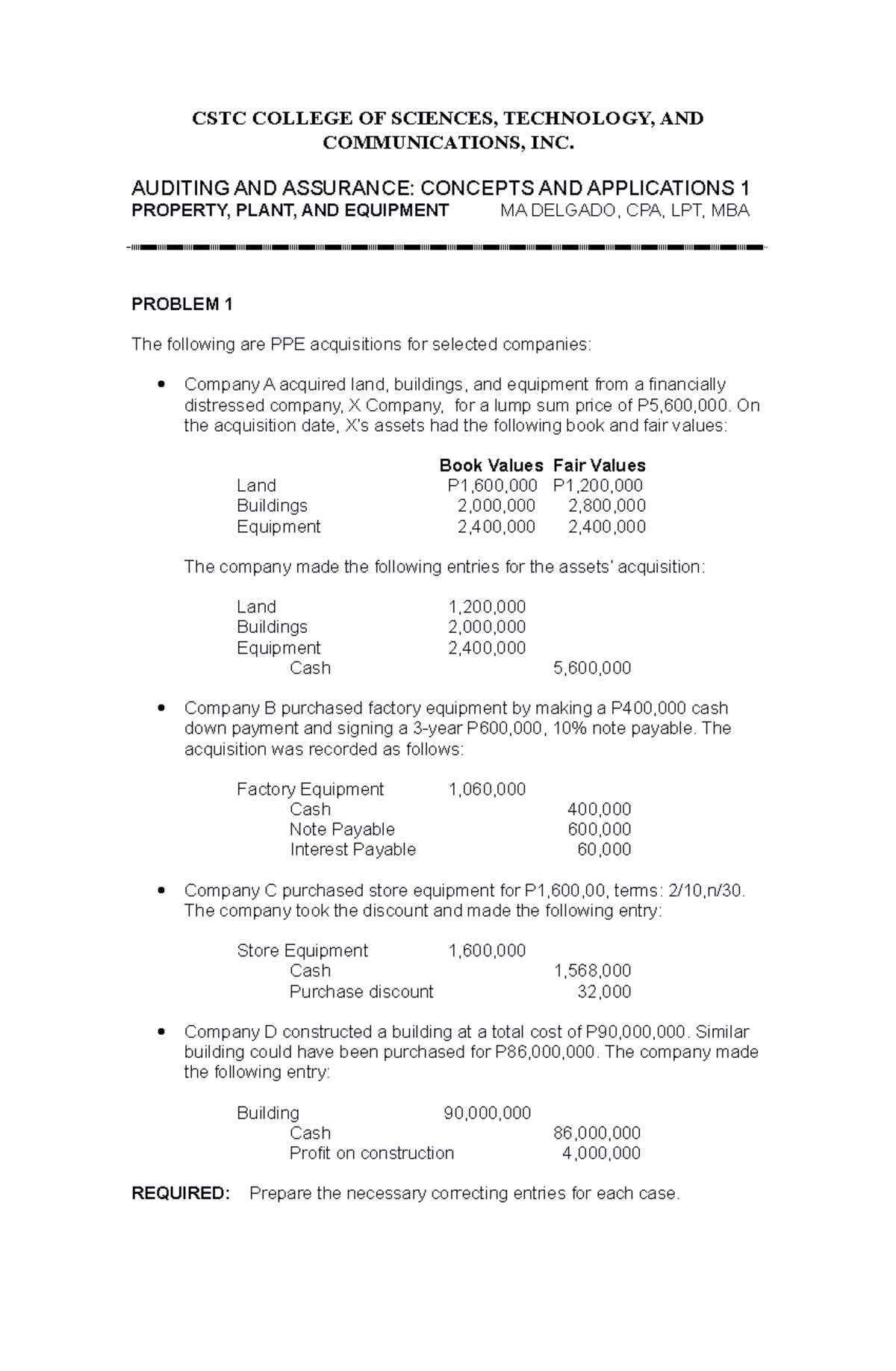 Substantive Audit of Property, Plant, and Equipment: Ch. 19-20 CSTC ...