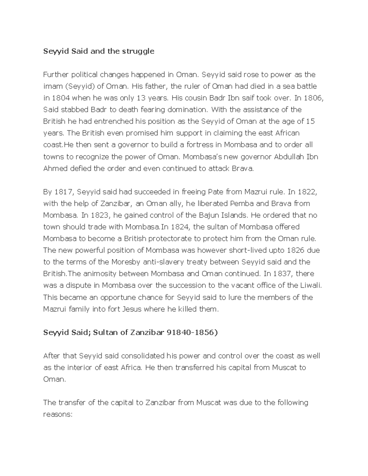 Seyyid Said and the Struggle: Political Changes British Support and ...
