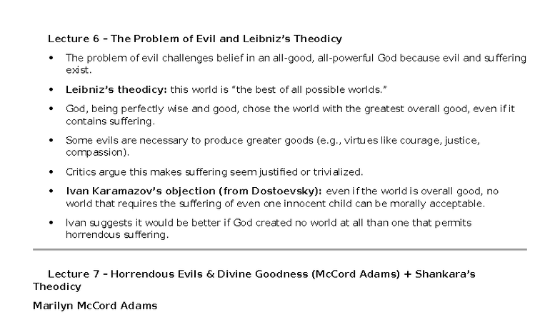 Summary of Lectures 6-9: The Problem of Evil, Theodicy, and Religious ...