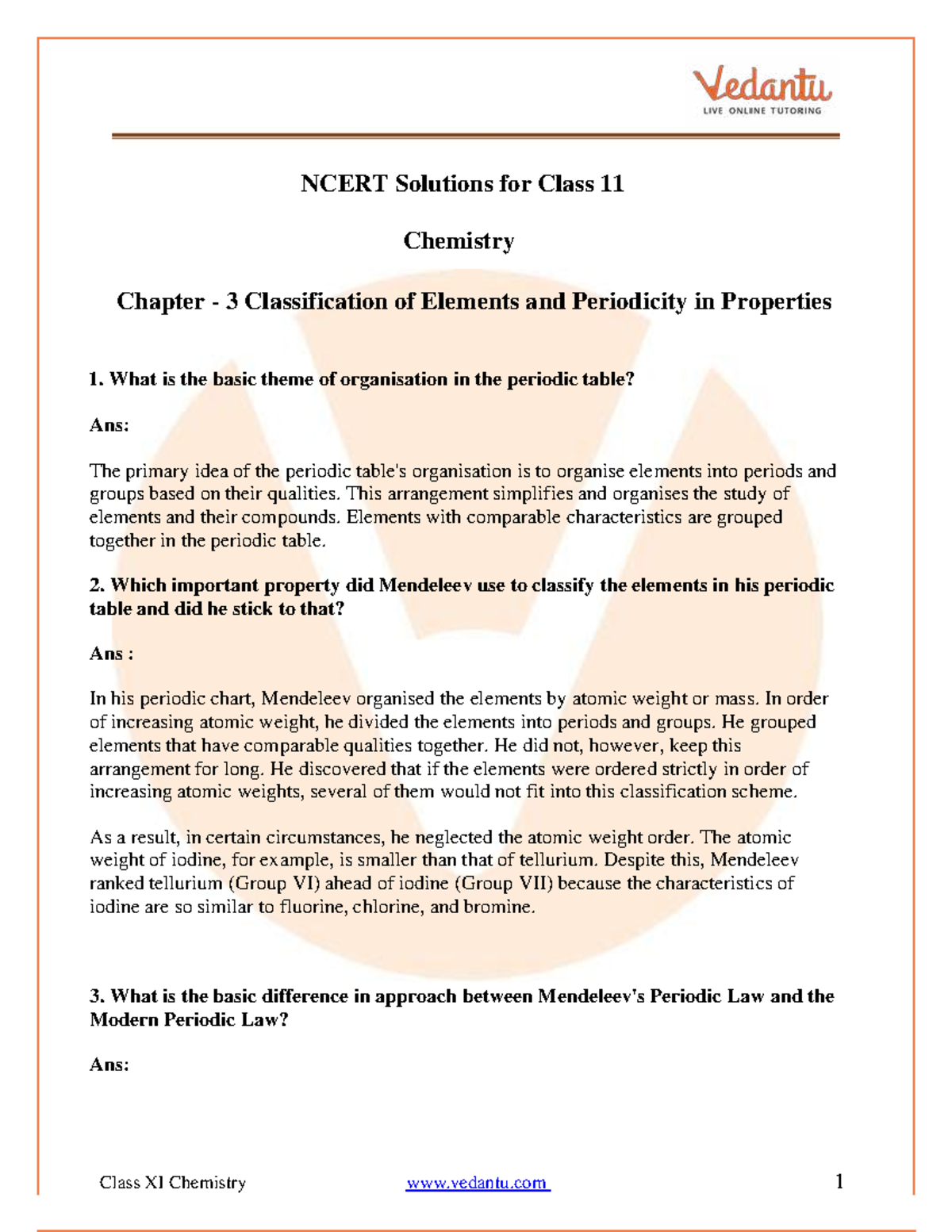 NCERT Solutions for Class 11 Chemistry: Classification of Elements ...