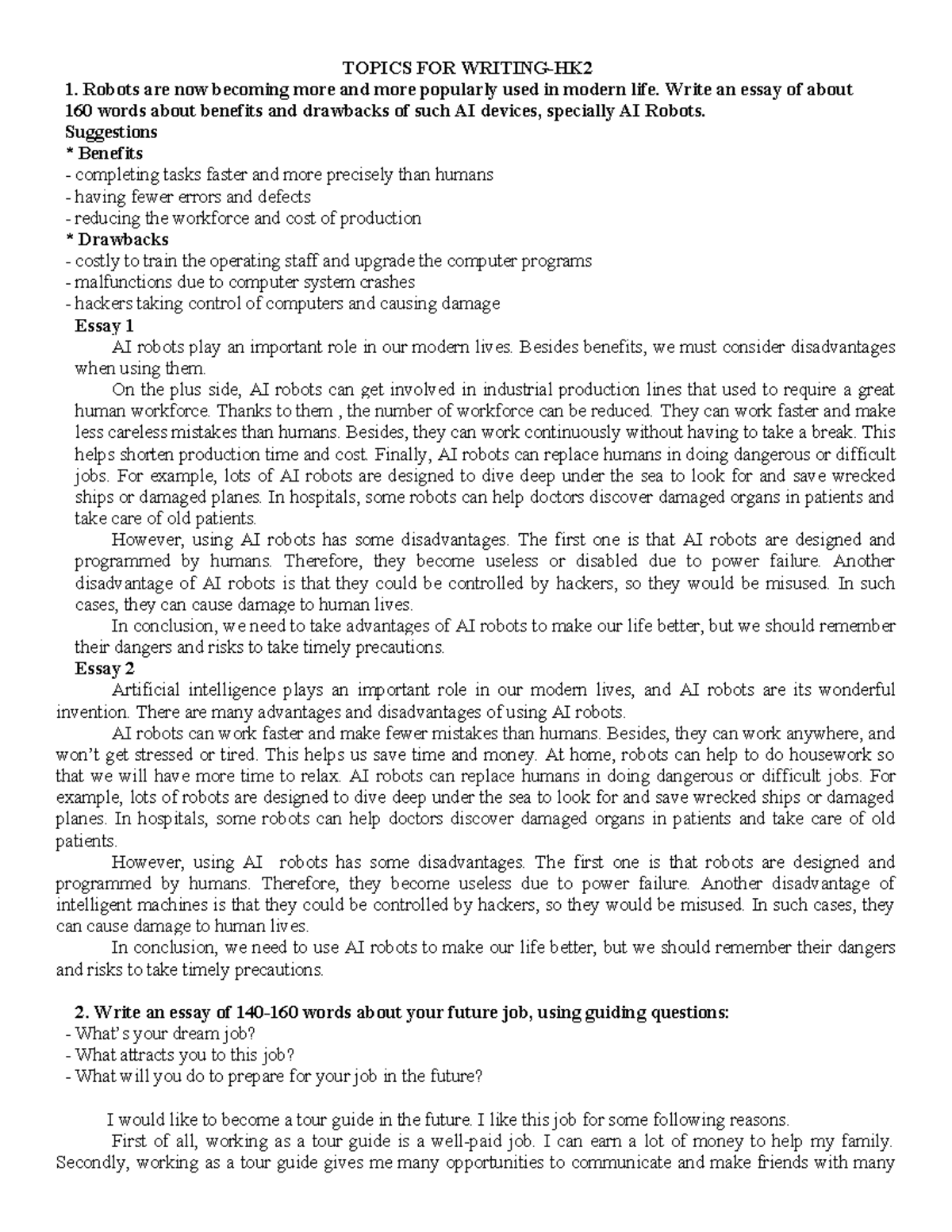Essay Topics on AI Robots and Future Career Aspirations - HK2 - Studocu