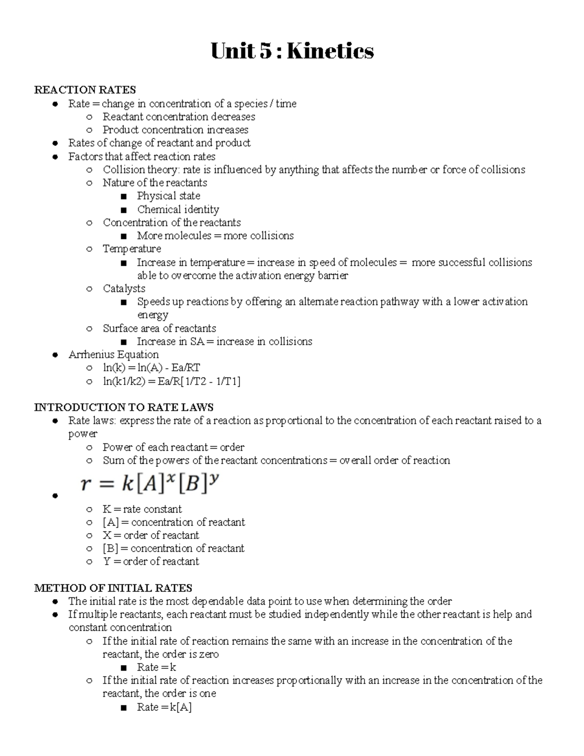 AP Chemistry Unit 5 Kinetics Review Notes - Studocu