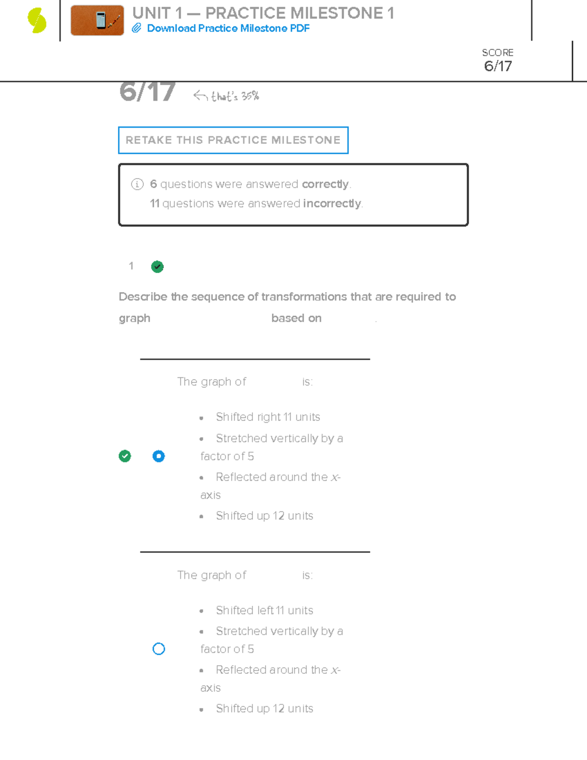 Sophia Welcome - Calc - Unit1 practice milestone - 1 6/17 that's 35% ...