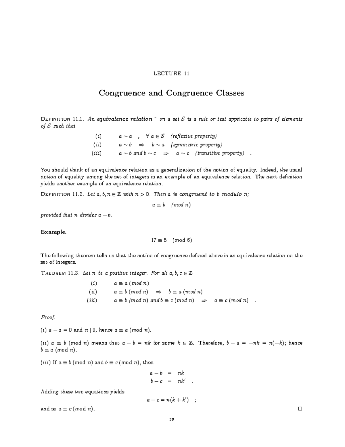 3613-l11 - Information - LECTURE 11 Congruence and Congruence Classes ...