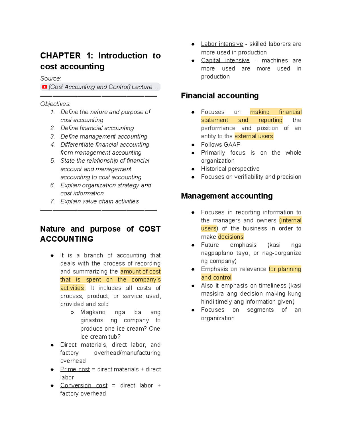 COST Accounting - CHAPTER 1: Introduction to cost accounting Source ...