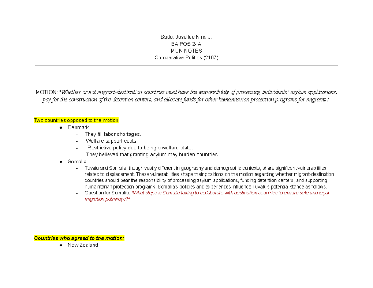 MUN Notes - Bado, Josellee Nina J. BA POS 2- A MUN NOTES Comparative ...