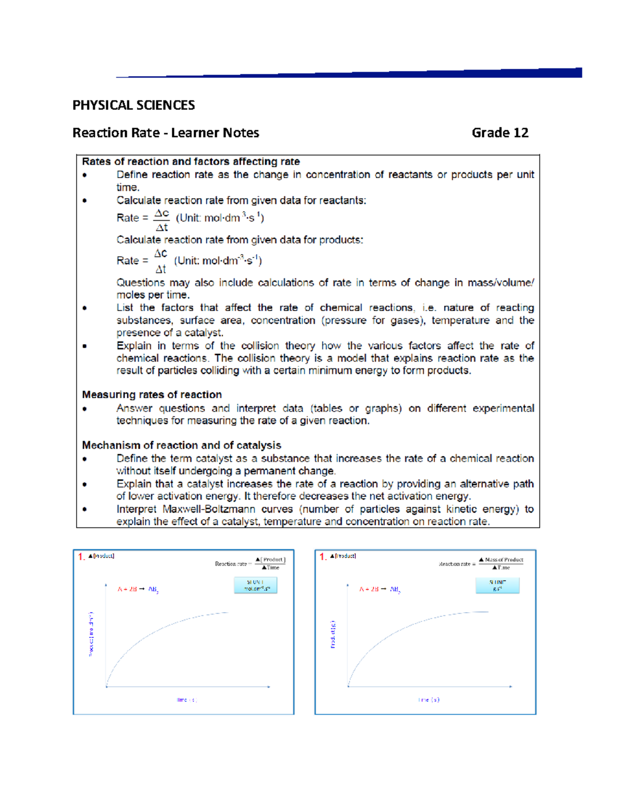 JIT Gr 12 Reaction Rate Learner Notes - PHYSICAL SCIENCES Reaction Rate ...