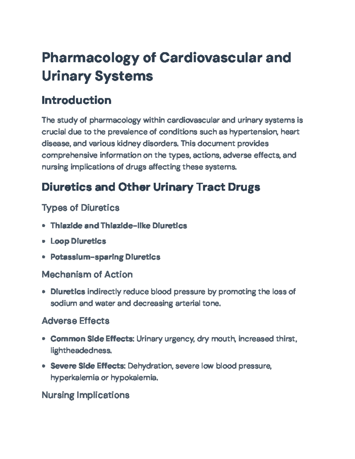 Pharmacology of Cardiovascular & Urinary Systems: Key Concepts ...