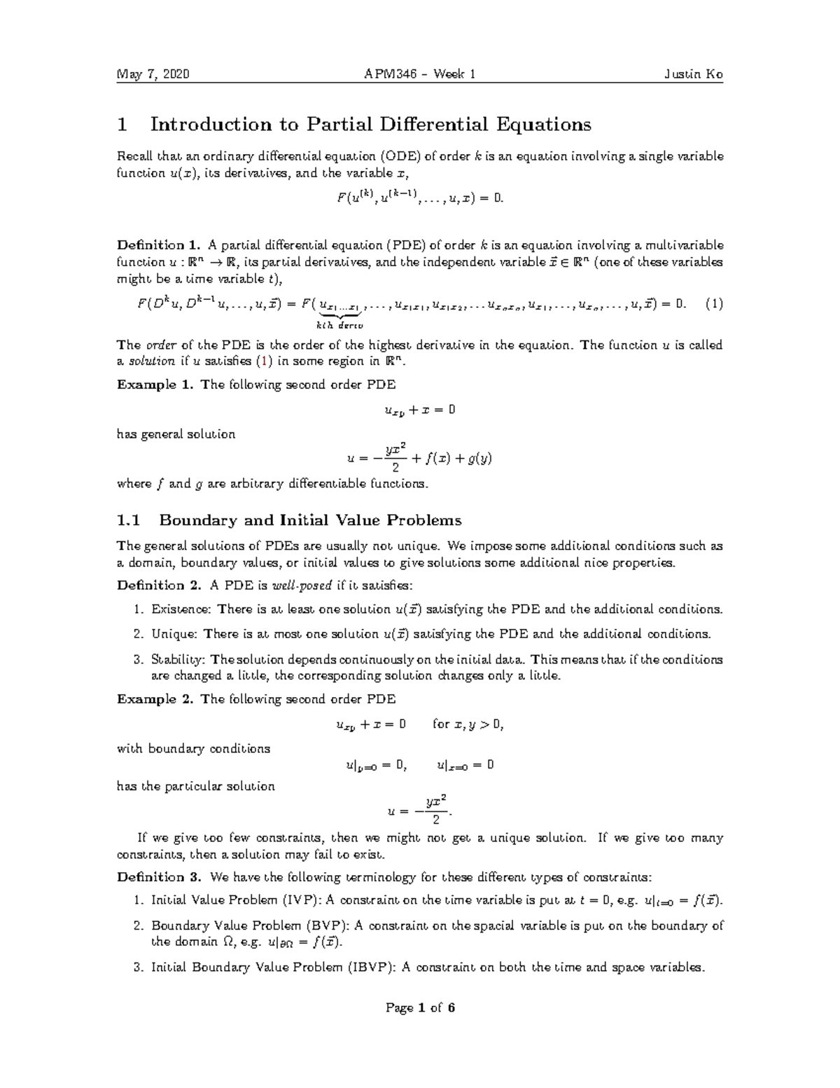 APM346 Week 1 Summary: Introduction to PDEs and Their Properties - Studocu