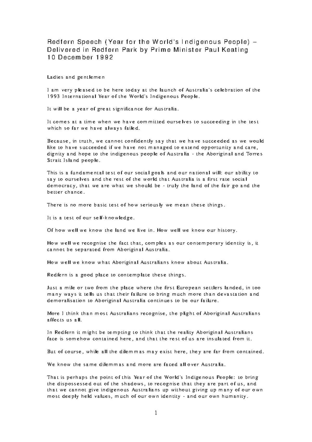 Paul Keating's Redfern Speech: A Call for Indigenous Recognition - Studocu