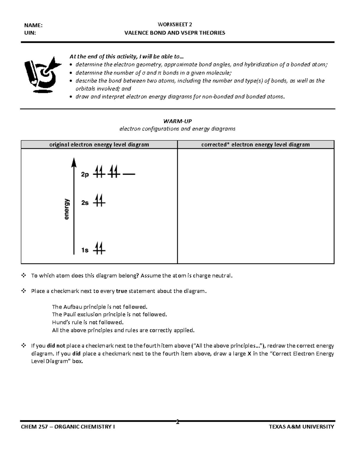 CHEM 257 WORKSHEET 2: VALENCE BOND & VSEPR THEORIES SP2026 - Studocu