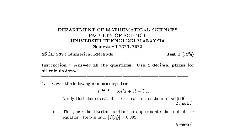 SSCE 2393 Numerical Methods Test 1 - Sample Questions 2021/2022 - Studocu