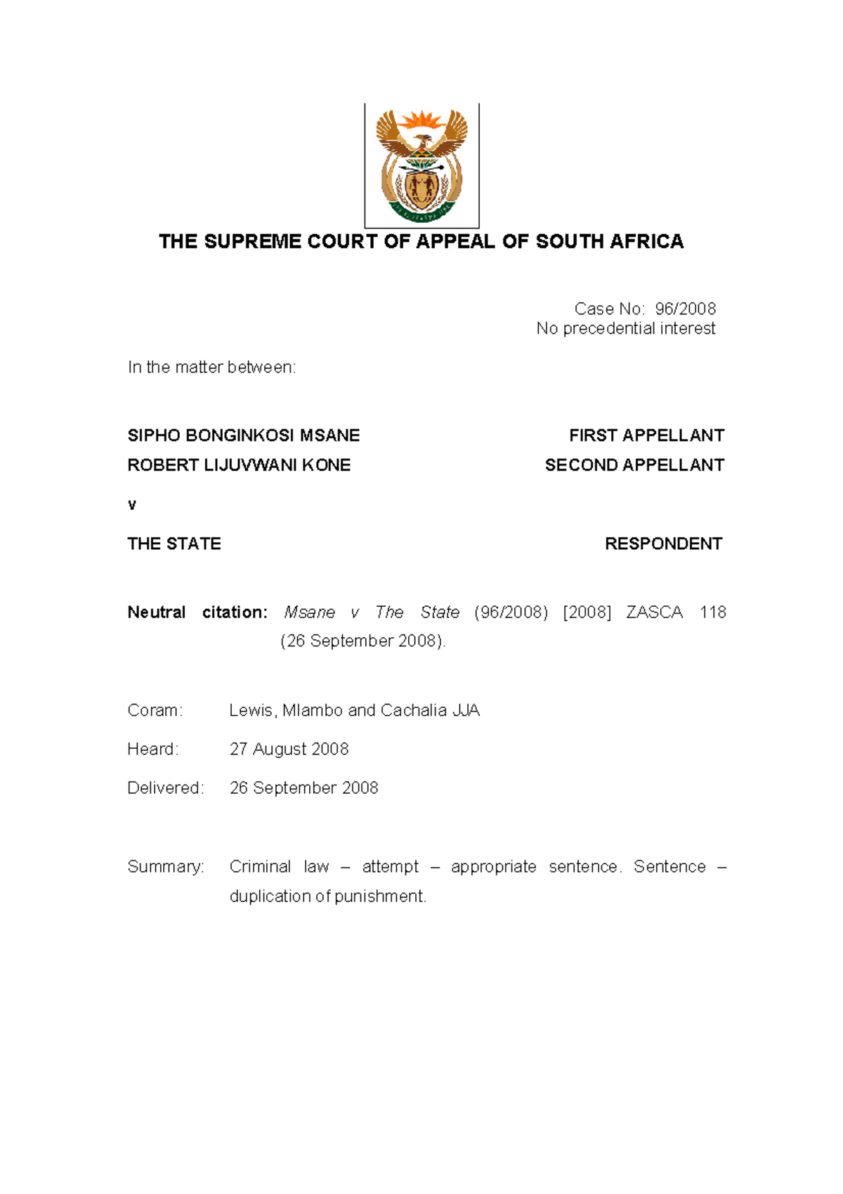 S v Msane: ZASCA 118 Appeal Judgment on Attempted Extortion - Studocu