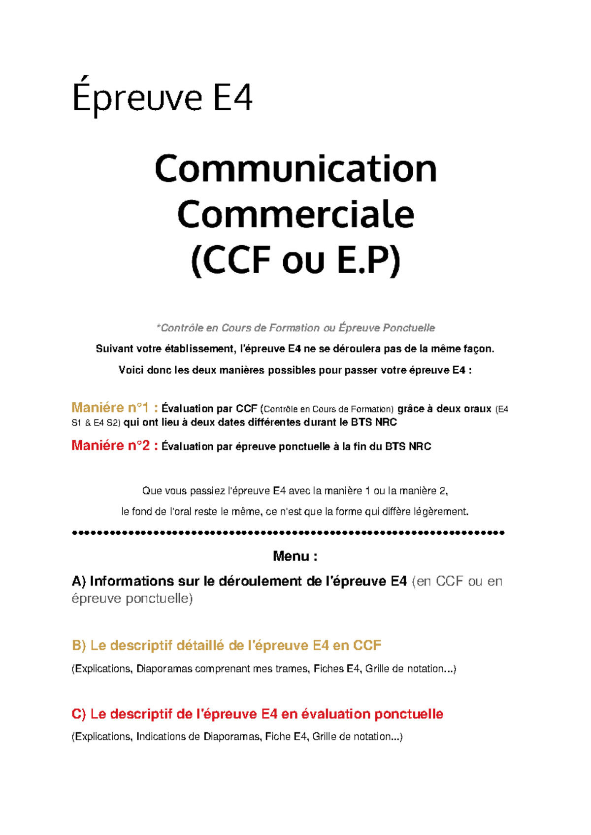 Épreuve E4 exemple détaillé - Épreuve E *Contrôle en Cours de Formation ou Épreuve Ponctuelle ...