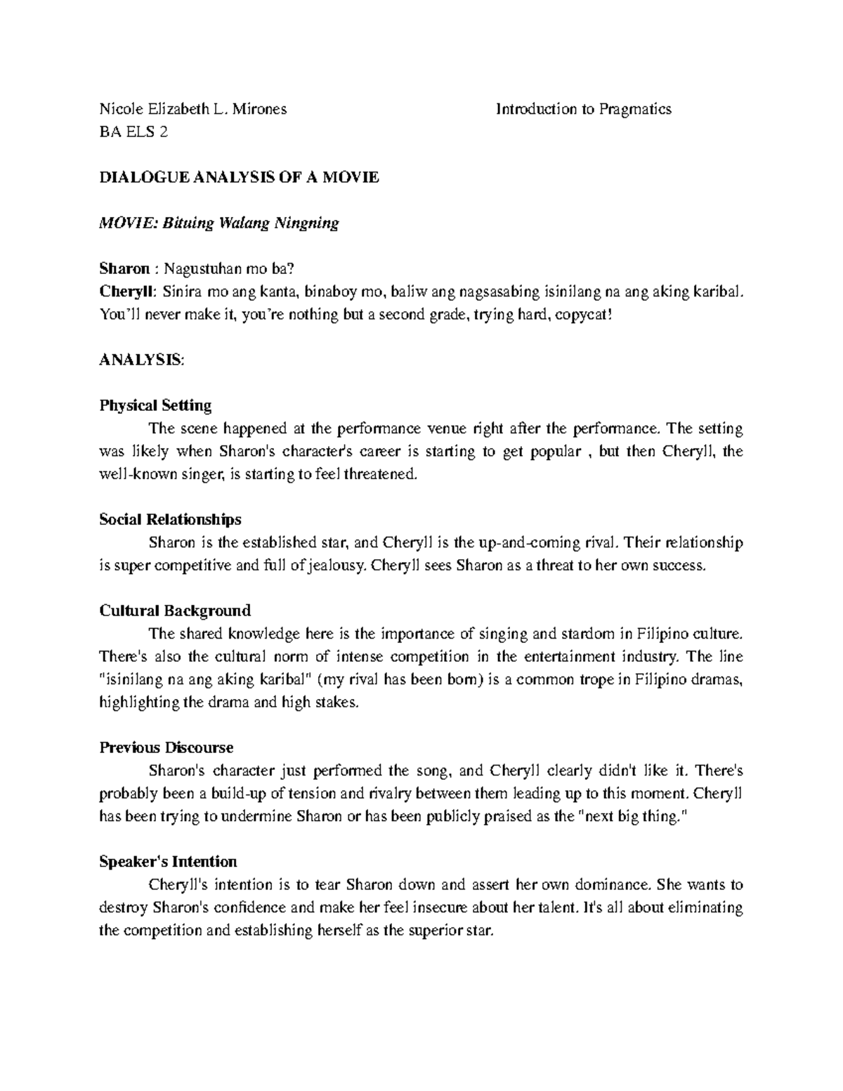 BA ELS 2 Movie Analysis: DIALOGUE in "Bituing Walang Ningning" - Studocu