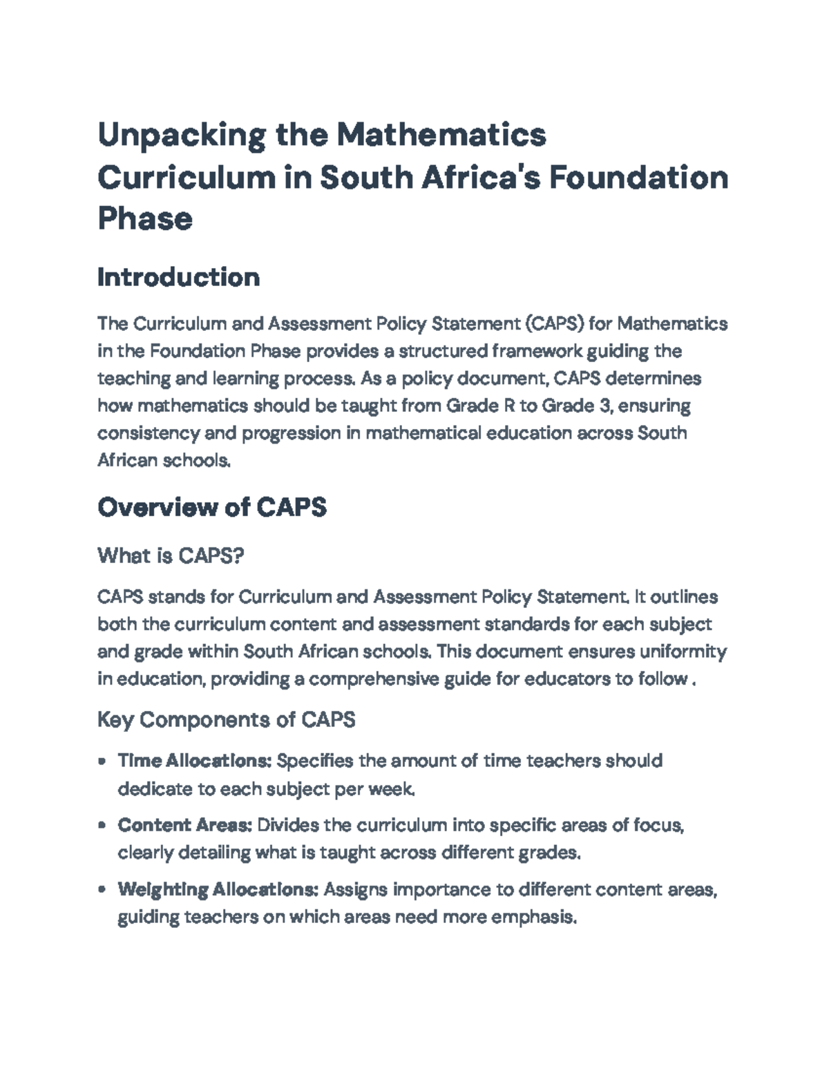 Curriculum Analysis of SA Foundation Phase Mathematics (CAPS) - Studocu