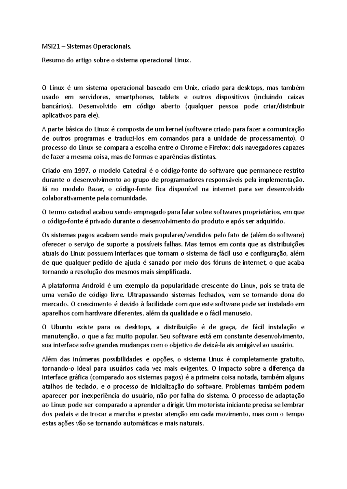 Resumo sobre o Sistema Operacional Linux - MSI21 - Studocu