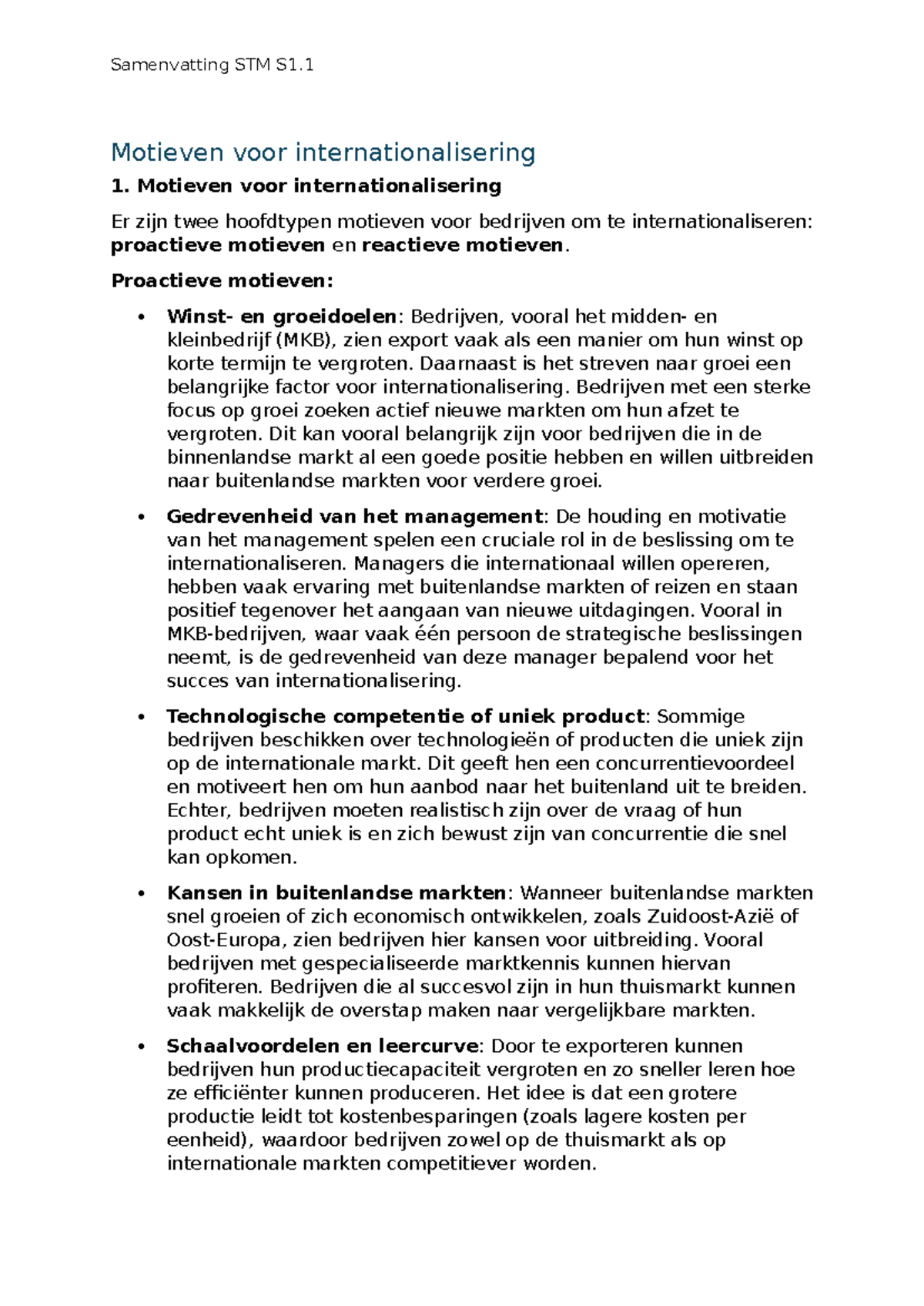 Samenvatting STM S1: Motieven en Modellen voor Internationalisering ...