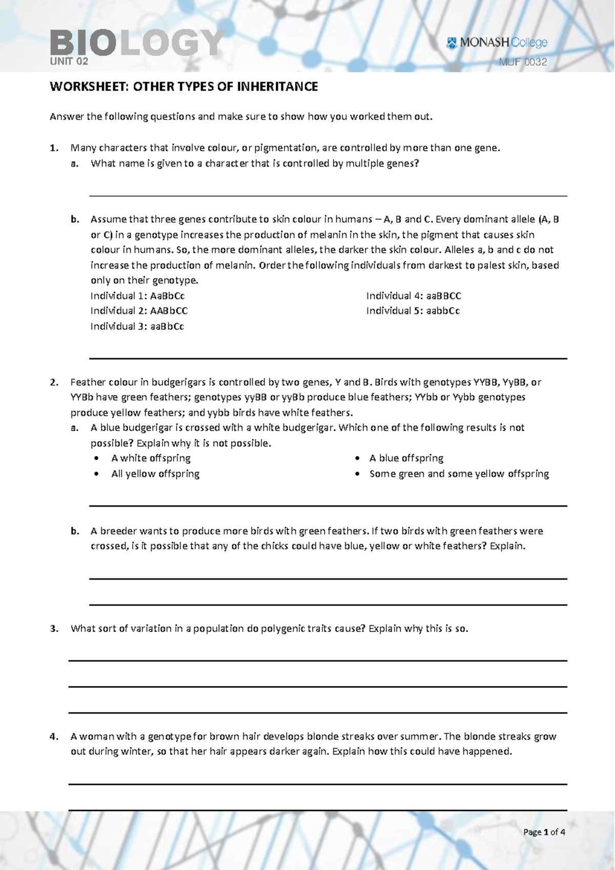 Other types of inheritance Worksheet - BIOLOGY UNIT 02 MUF 0032 ...
