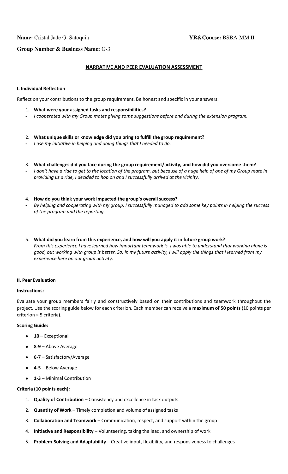 Narrative & Peer Evaluation Assessment I: Reflection & Feedback - Studocu