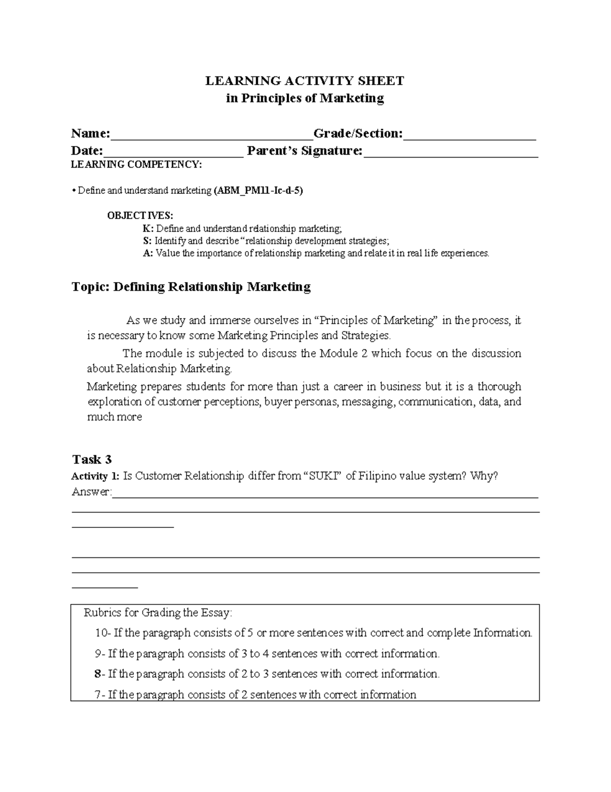 Principles of Marketing Activity Sheet: Understanding Relationship ...