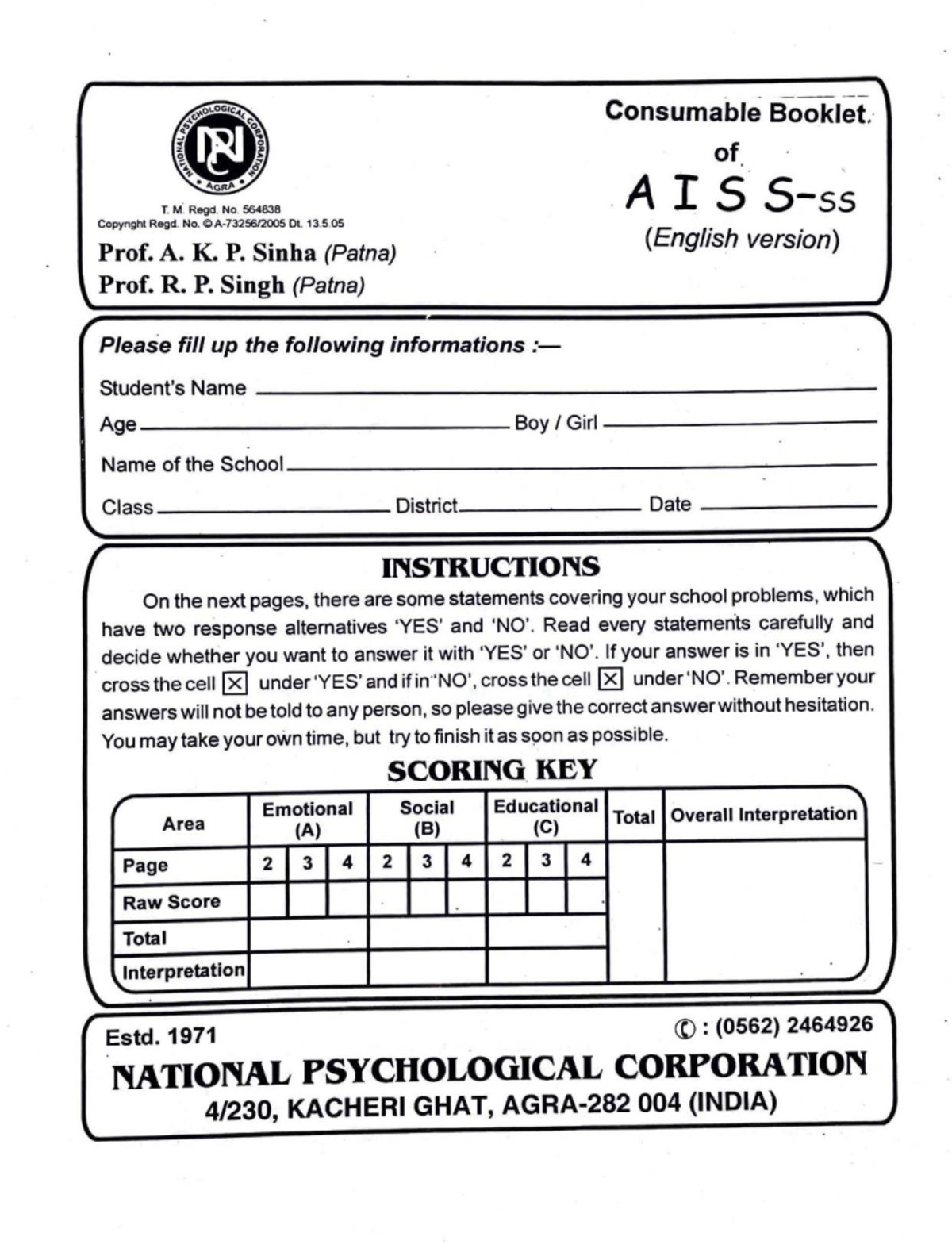 AISS Consumable Booklet: Adjustment Inventory for School Students - Studocu