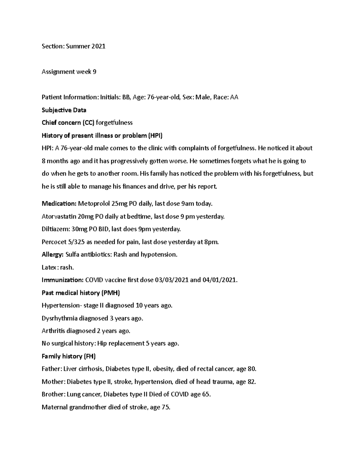 Wk9assign+Amos+I Diagnostic reasoning - Section: Summer 2021 Assignment ...