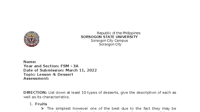 ACC Lesson 4: Types of Desserts and Their Characteristics - Studocu