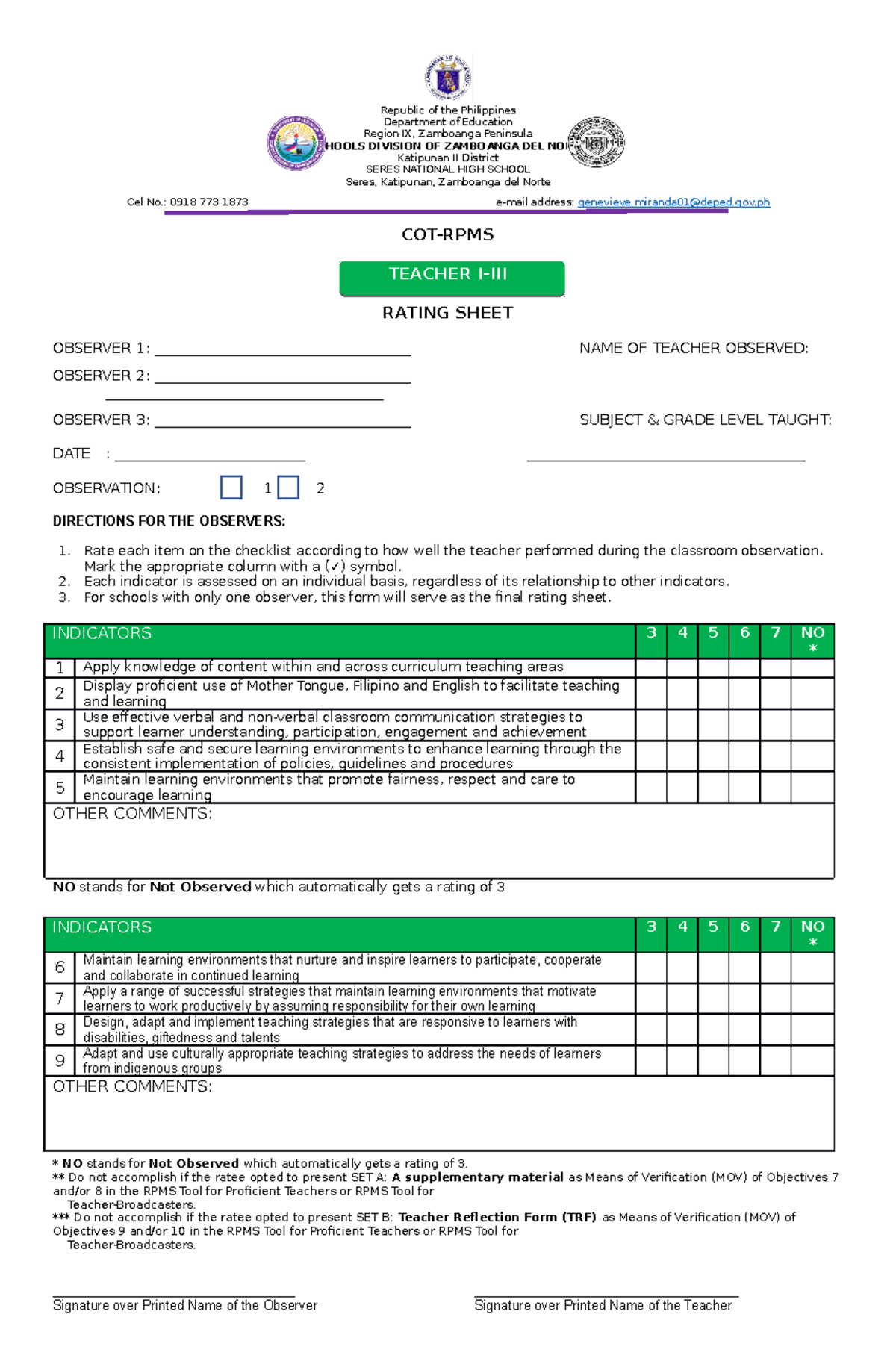 COT-RPMS Rating Sheet for Teachers I-III (2021-2022) - Studocu